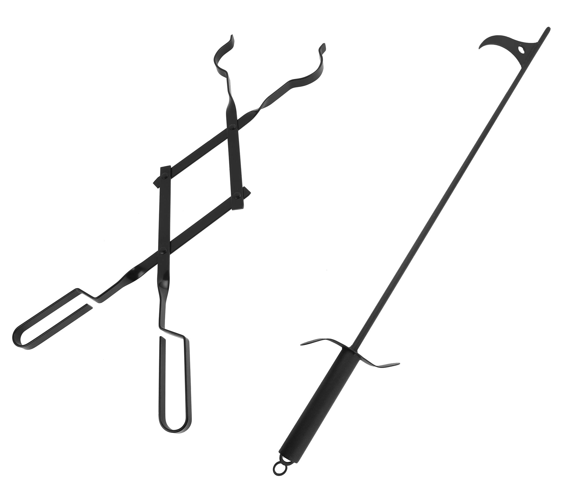 36-Inch Fireplace Fire Pit Campfire Poker Stick and 26-Inch Campfire Fireplace Tongs, Log Grabber, Camping, Wood Stove, Outdoor and Indoor Use, Black Solid Steel