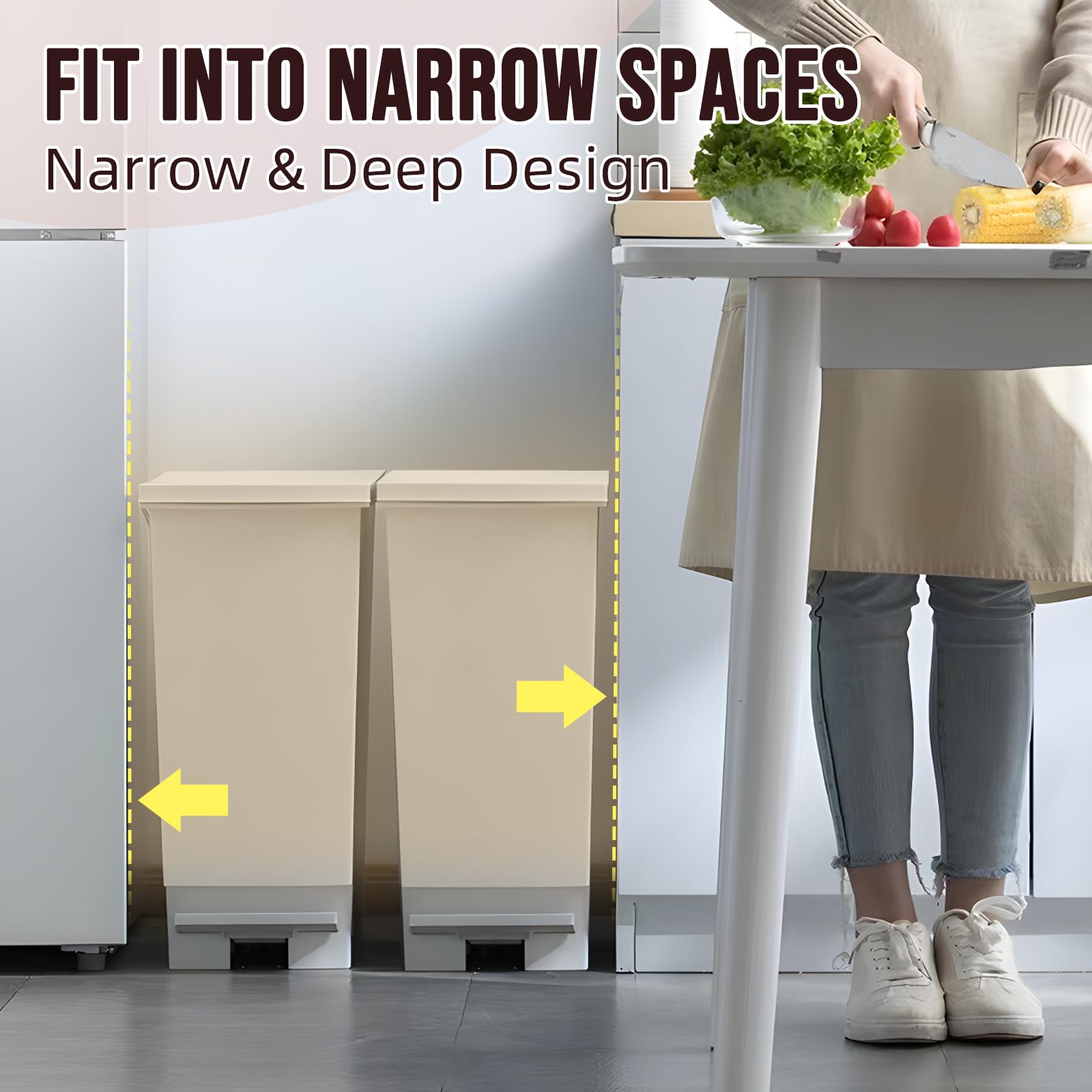 3 Pack Large Trash Can With Lid and Foot Pedal, 8 Gallon Slim Kitchen Trash Can Step On, Hands Free Recycling White Kitchen Garbage Can Plastic - Odor Block, 9 Inch Wide Trash Can Fit For Narrow Space