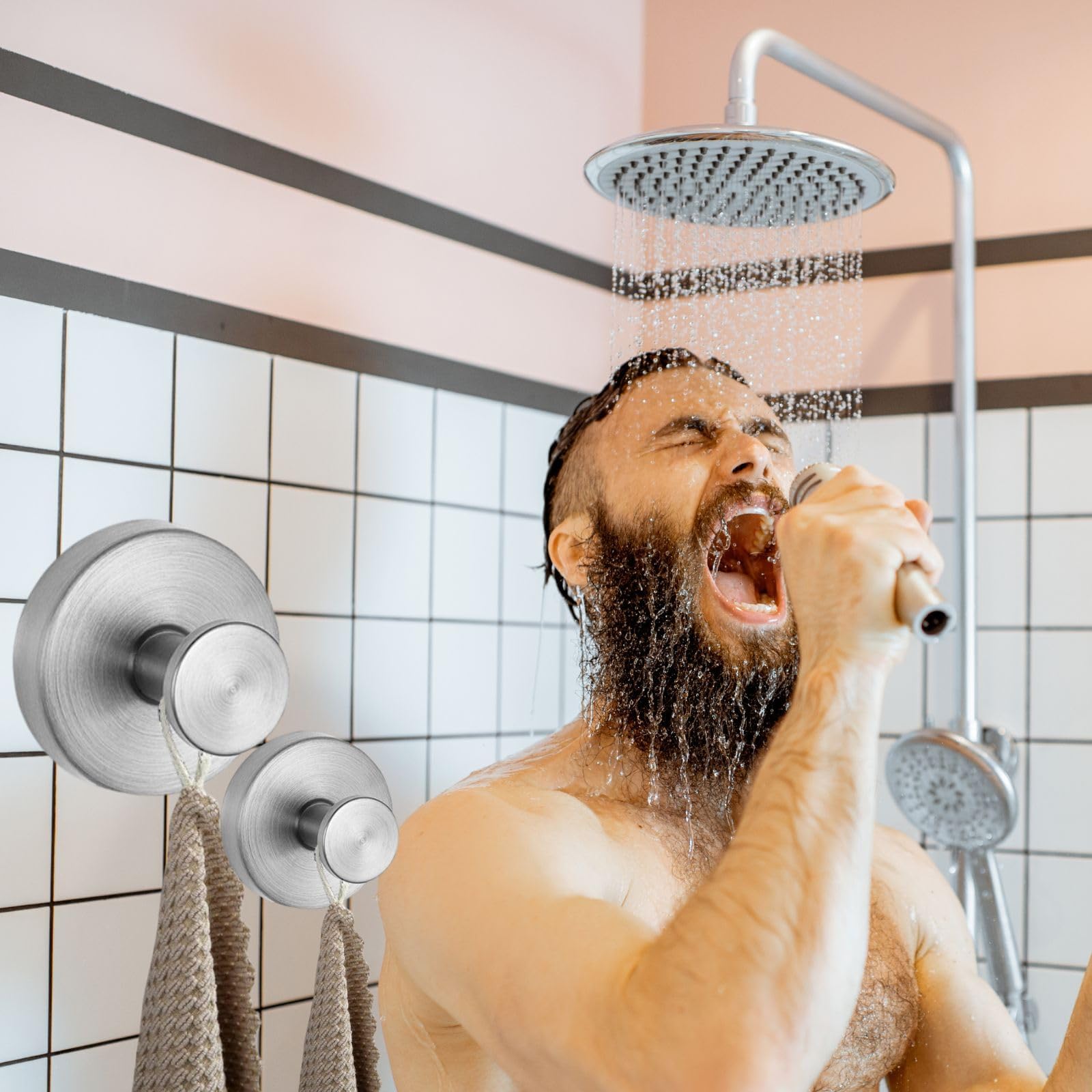 2024 New Stainless Steel Waterproof Suction Cup Hooks,Luxe Grip No-Drill Hooks,Suction Cup Hooks for Shower, Bathroom,Hanging Towels,Mounting on Glass Shower Doors, Mirrors(Silver,2PC)