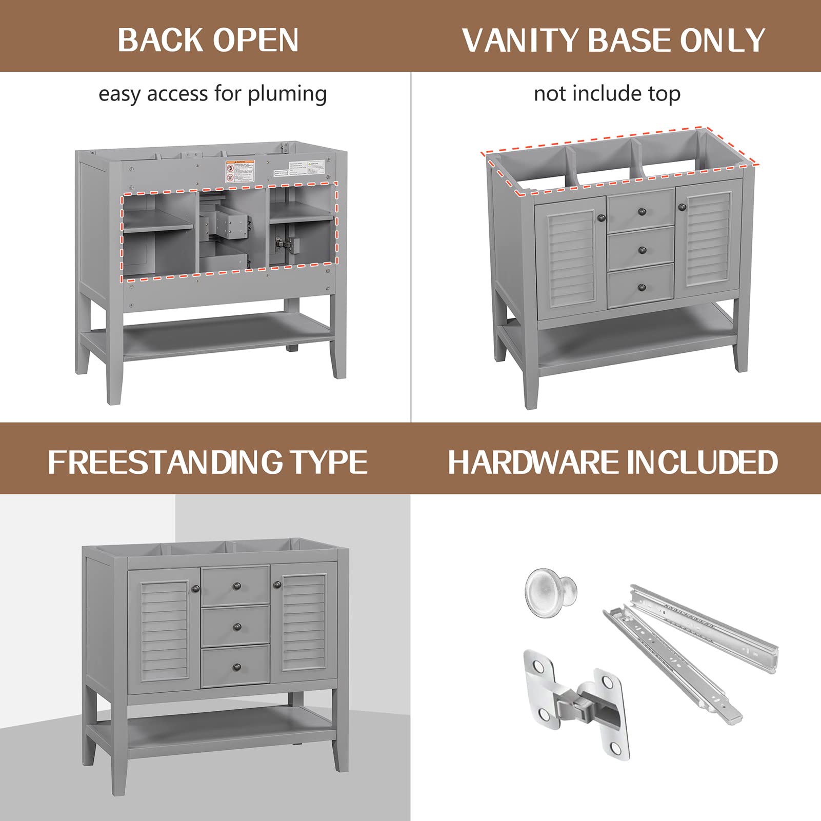 36" Modern Bathroom Vanity Base Only, Bathroom Vanity Without Sink Freestanding Bath for Compact Spaceroom Vanity Cabinet with Two Cabinets and Drawers, Open Shelf, Solid Wood Frame, Gray