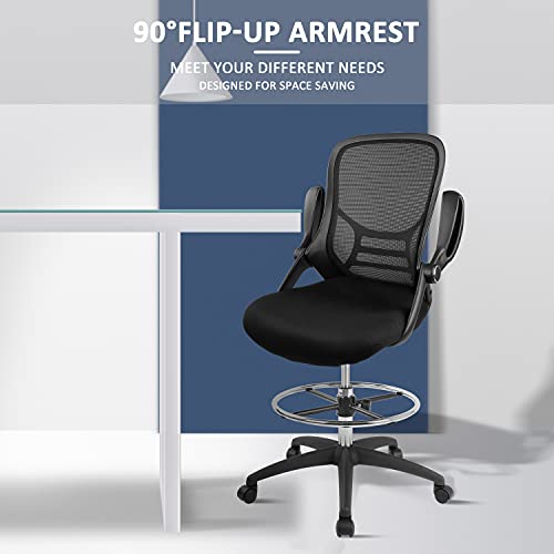 High-Back Mesh Ergonomic Drafting Chair Tall Office Chair Standing Desk Stool with Adjustable Foot Ring and Flip-Up Arms (Black)