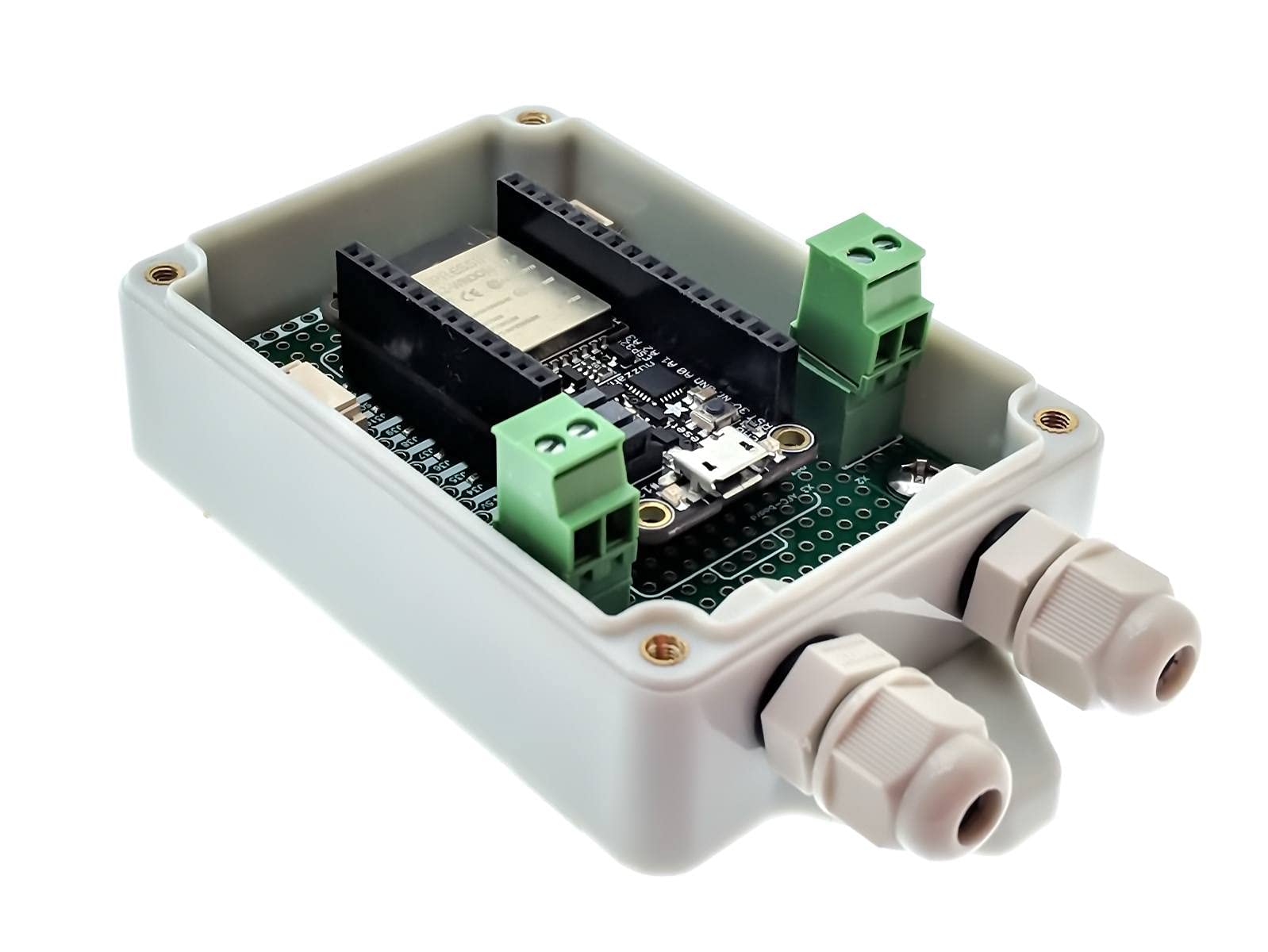 qBoxMini AFC DIY IOT Enclosure Kit (No SMA), IOT Enclosure for Feather ESP32 Cellular LoRa WiFi Arduino Board, Waterproof IP65 Enclosure with Glands, prototyping PCB and connectors Set