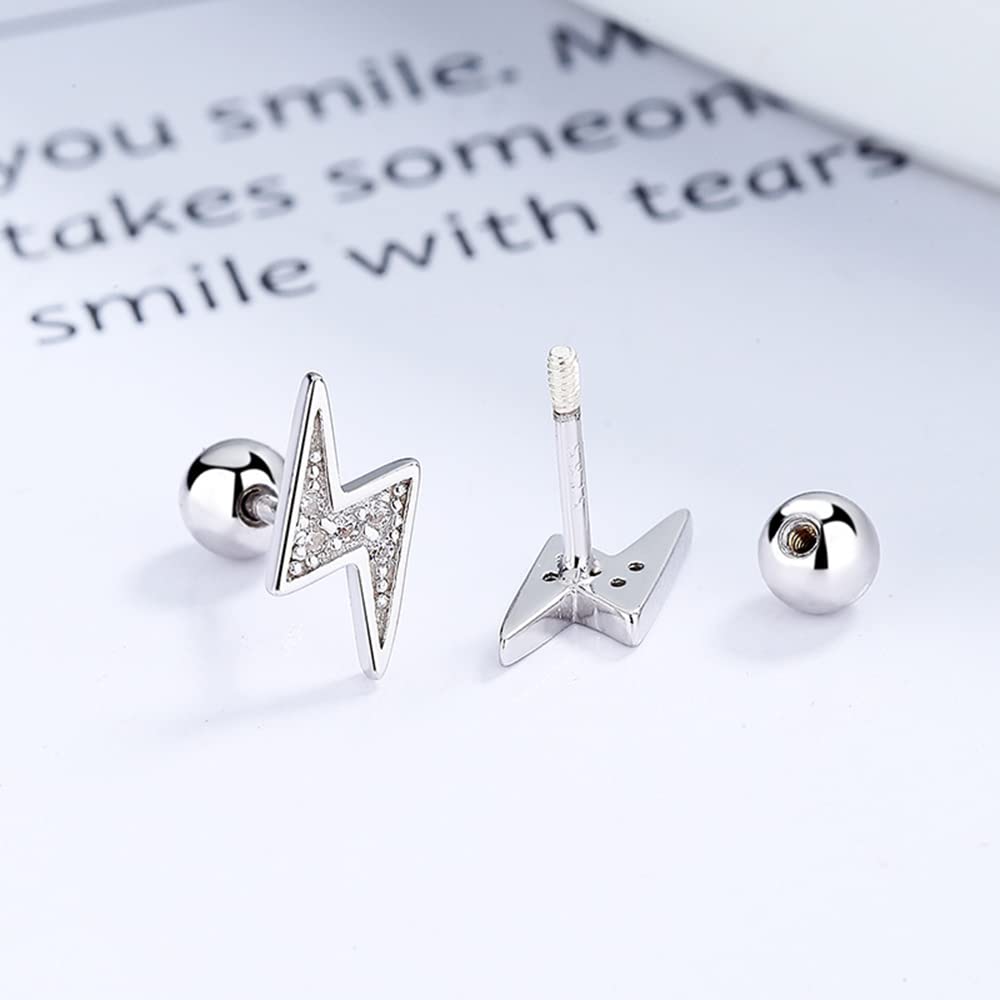 18G Lightning Bolt Cartilage Stud Earrings 925 Sterling Silver Cubic Zirconia Crystal Helix Tragus Studs Earring Barbell Bar Conch Daith Ear Piercing with Screw Back Ball Dainty Jewelry Gifts for