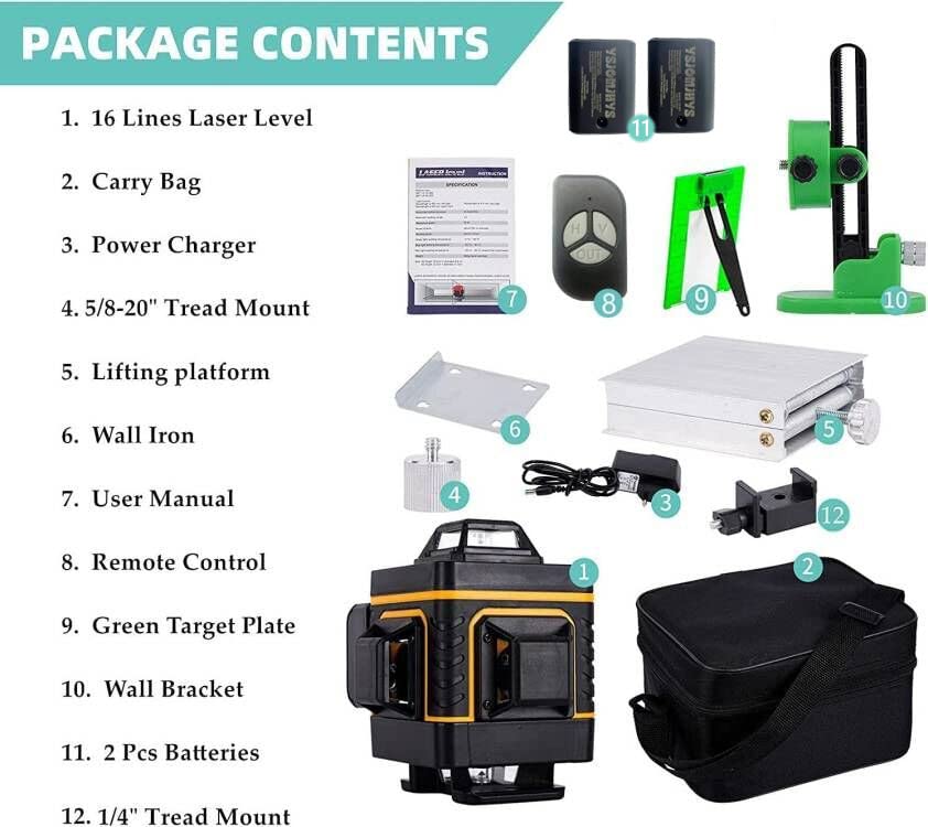 16 Lines 4D Laser Level Self-Leveling 4x360 Horizontal & Vertical Cross line Rechargeable line Laser Green Beam Magnetic Lifting Base for Indoor Outdoor 13 pcs Set