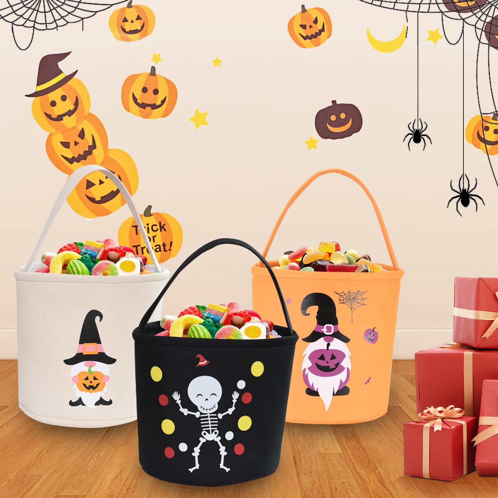 3 Pack Halloween Trick or Treat Treating Buckets Candy Basket Tote Bag for Kids Cute Bags Gnomes