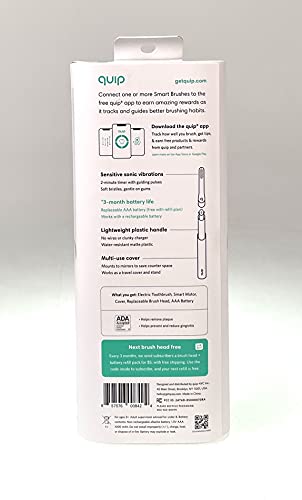 quip Adult Smart Electric Toothbrush - Sonic Toothbrush with Bluetooth & Rewards App, Travel Cover & Mirror Mount, Soft Bristles, Timer, and Plastic Handle - All-White