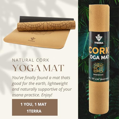 1TERRA Cork Yoga Mat | Durable Sweat Proof Eco-Friendly Exercise Mat with Carrying Strap | 5mm thick (PureAlign)