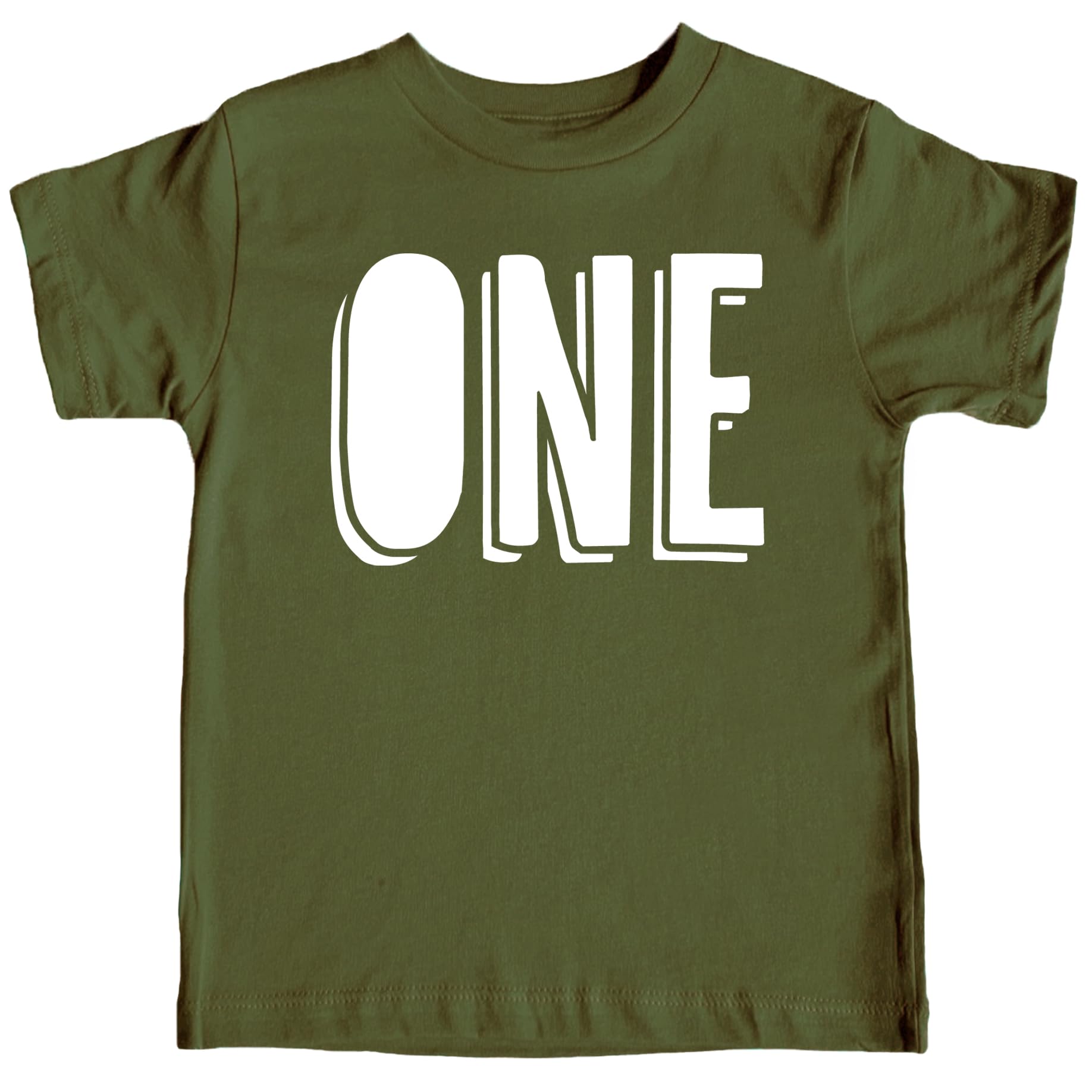 First Birthday Shirt One Outline for 1st Bday Infant Boys and Girls White on Military Green 12 Months