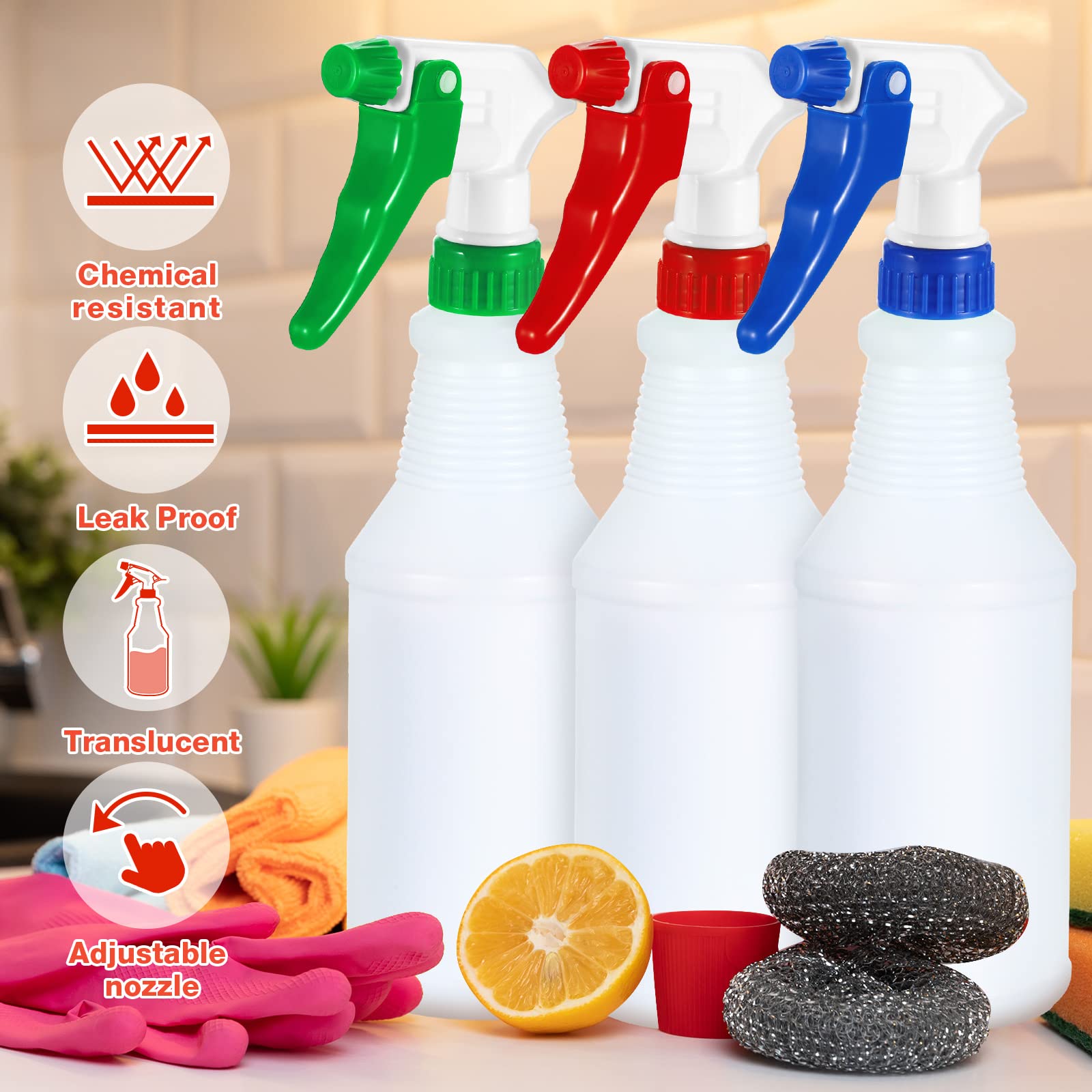 18 Pack 24oz Plastic Spray Bottle Empty Reusable Spray Bottles for Cleaning Solutions Heavy Duty Spraying Bottles No Leak and Clog Water Spray Bottle Plants Pet with Adjustable Nozzle (Red,Blue,Green)