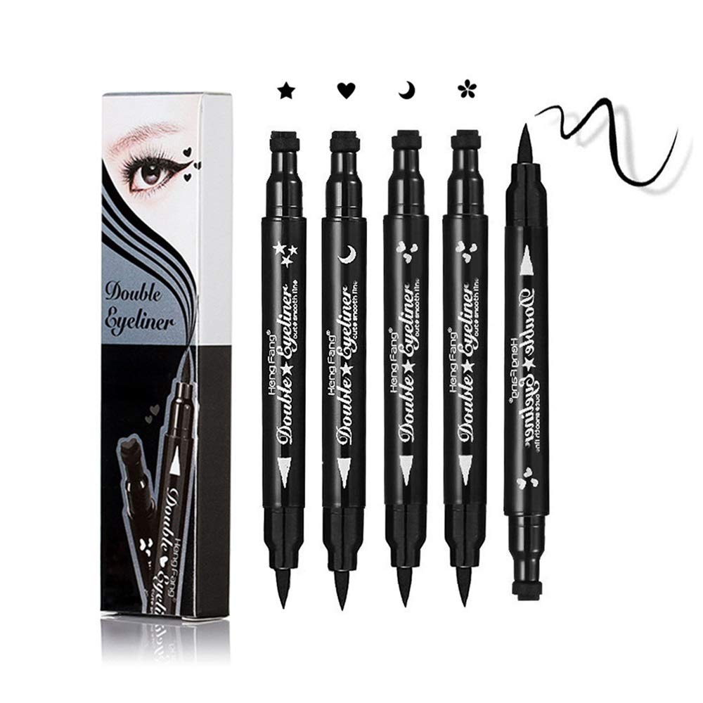 FANTEXY Double-headed Eyeliner Stamp,Eyeliner Pencil Pen with Eye Makeup Stamp,Waterproof, Double Sided & Long Lasting Seal Tattoo Makeup Tool Black(Heart/Moon/Star/flowers Shape Stamp Pen 4 Pcs