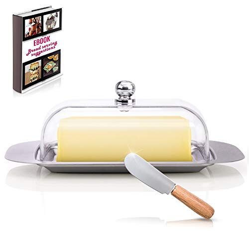 ALL GREEN Butter Dish with Lidand Knife Stainless-Steel Metal Saucer with Unbreakable Clear Plastic Lid Covered Butter Dish. Deluxe Butter Keeper, Container and Spreading Knife (clear).