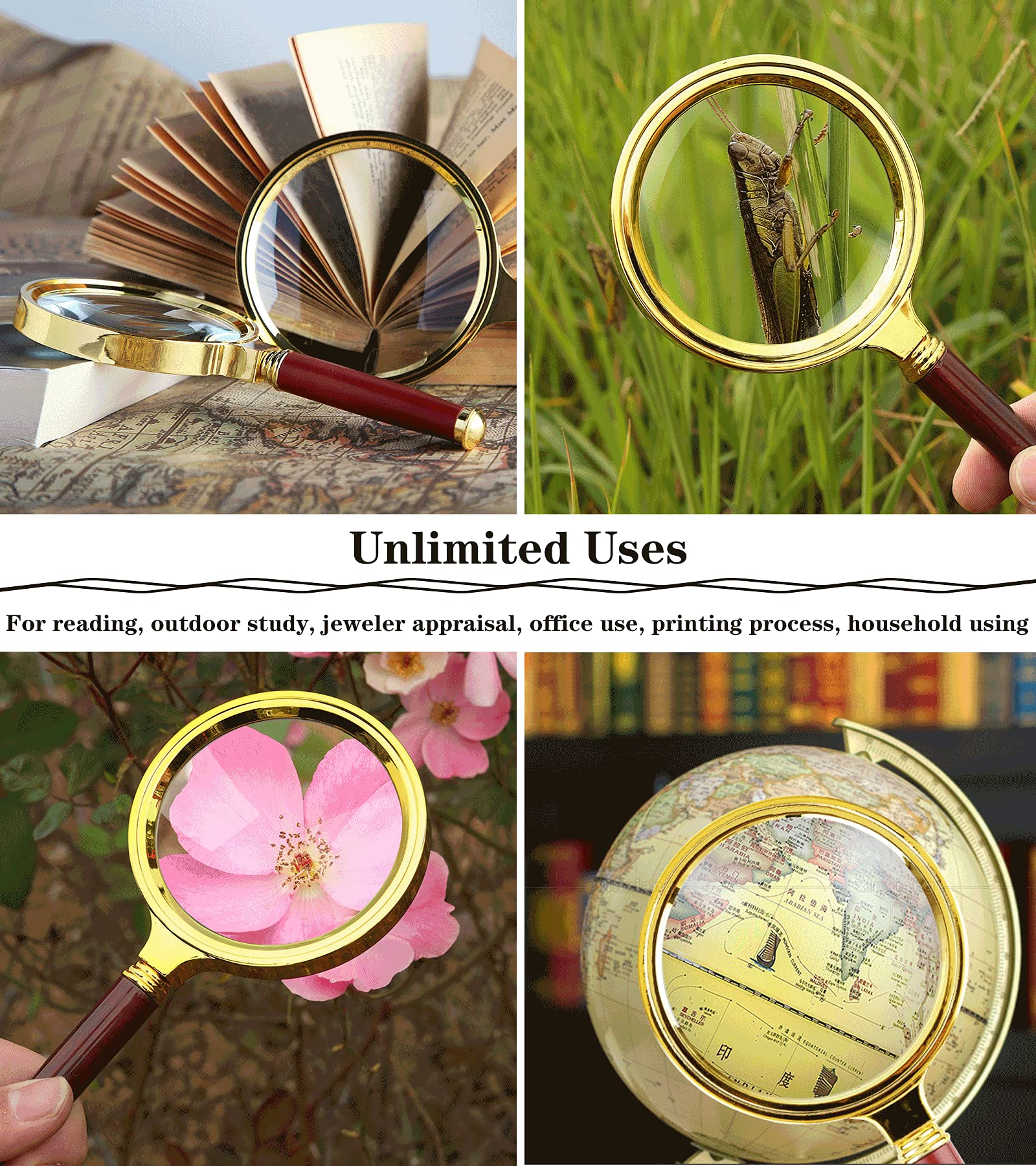 10X Handheld Magnifier Mahogany Handle Magnifier and 5X Necklace Magnifier Reading Magnifying Glass for Reading,Insect Observation, Rocks, Map, Crossword Puzzle,Jewelry