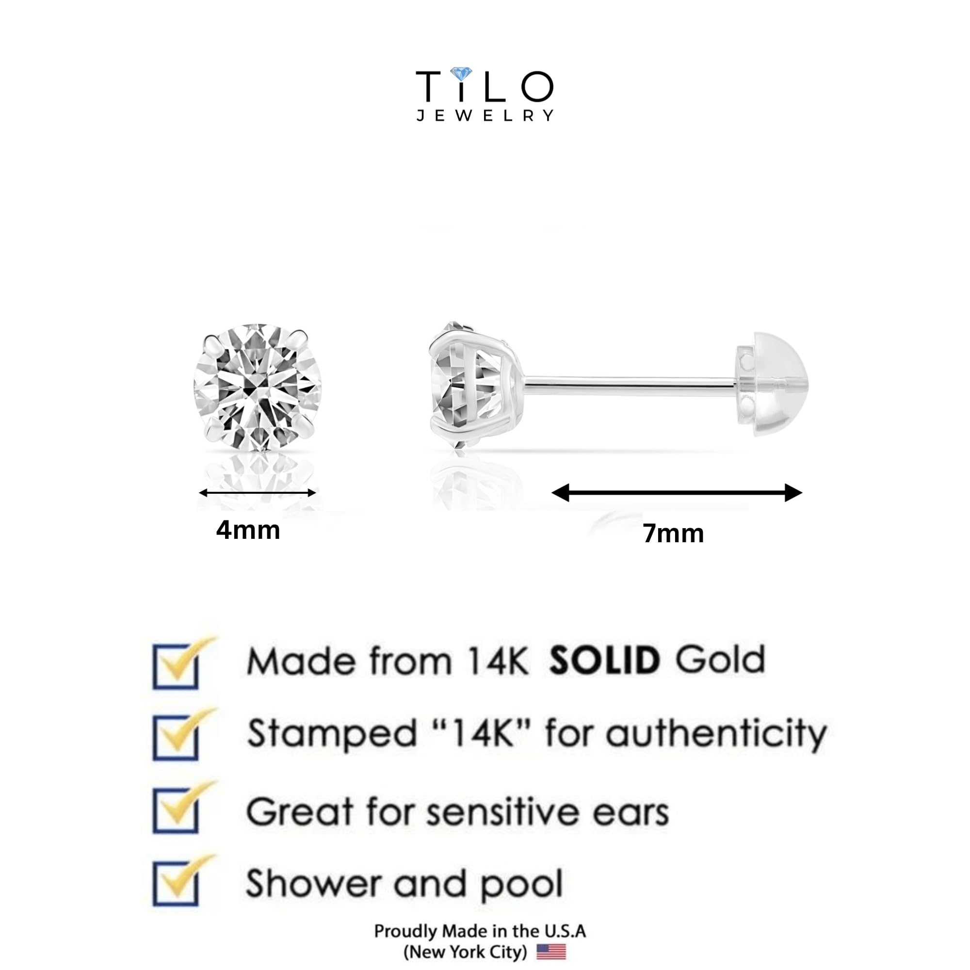 14k White Gold Solitaire Round Cubic Zirconia Stud Earrings with Silicone Pushbacks (4mm)…