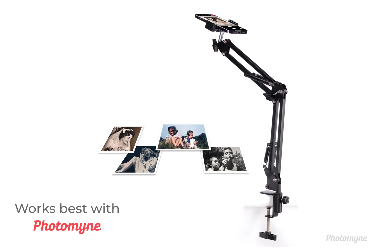 PHOTOMYNE Sturdy Flexible Phone Holder for Desk, Table, Office, Kitchen with Clamp for Photo Album Scanning, iPhone Holder for Desk- Black
