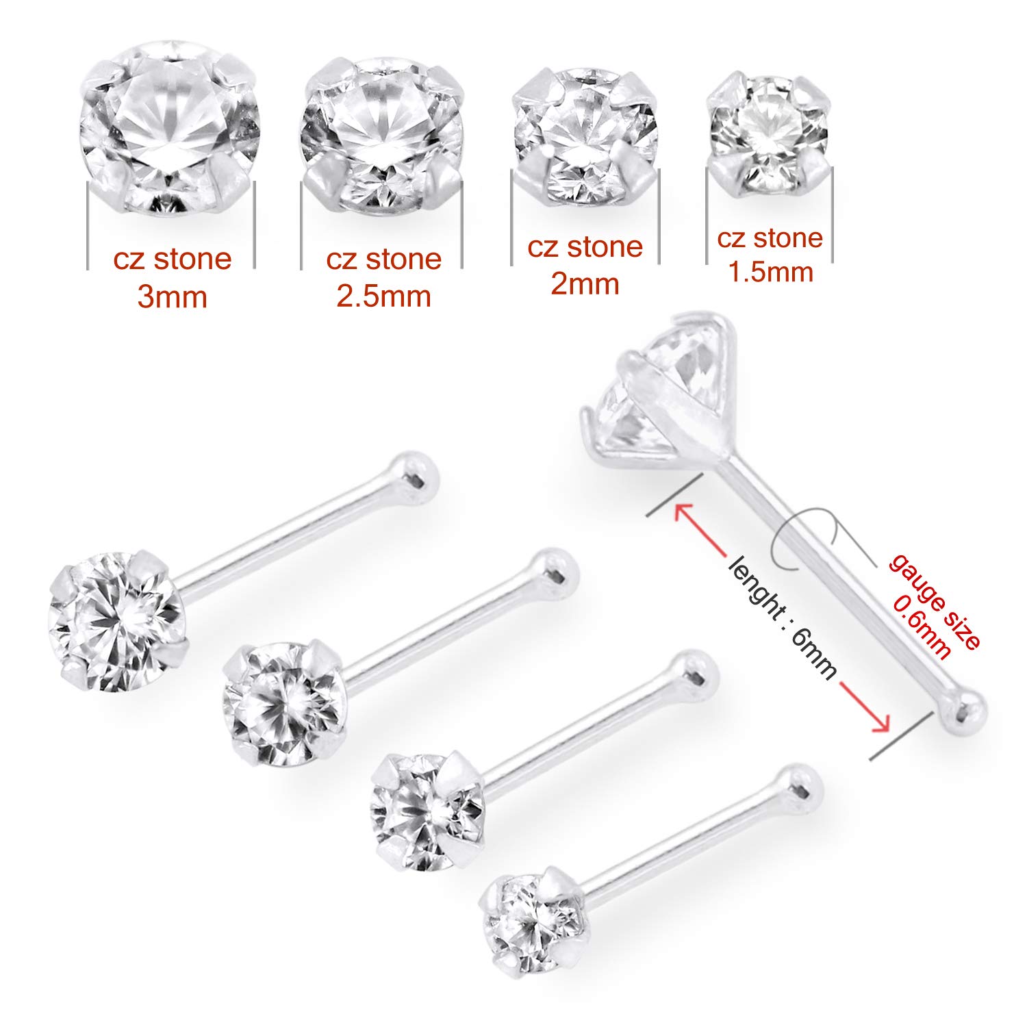 14K White Gold Claw Set 1.5MM Round CZ Stone 22 Gauge Ball End Nose Stud Piercing Jewelry