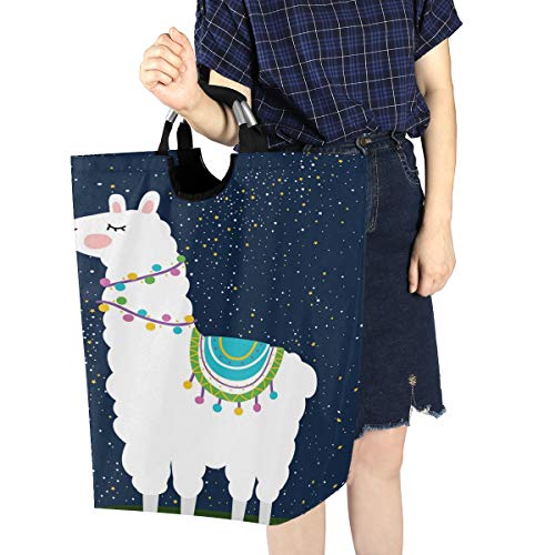CaTaKu Starry Night Alpaca Laundry Hamper,Cute Llama Laundry Basket Box Big Storage Waterproof Easy Carry for Family Dormitory Laundry Room, 12.6 x 11 x 22.7 Inches