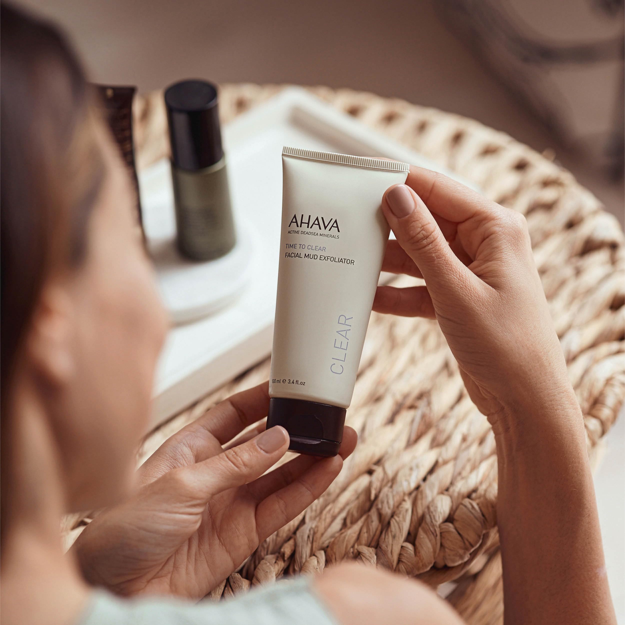 AHAVA Time To Clear Facial Mud Exfoliator - Gentle mud-based scrub to purify, exfoliate & fresh the skin, unveils radiant, boosts skincare absorption, with Osmoter, Vitamin E & Dead Sea Mud, 3.4 Fl.Oz