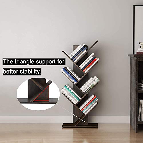 C&AHOME 7-Shelf Tree Bookshelf, Bookcase, Bamboo Book Rack, Storage Shelves in Living Room, Free-Standing Books Holder Organizer, Space Saver for Home, Office, Kid's Room Retro Brown