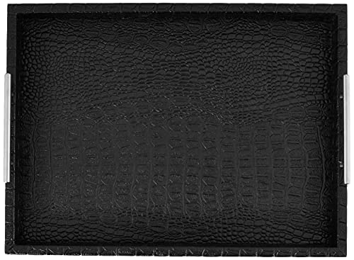 American Atelier Alligator Leather Serving Tray with Metal Handles, Black Large