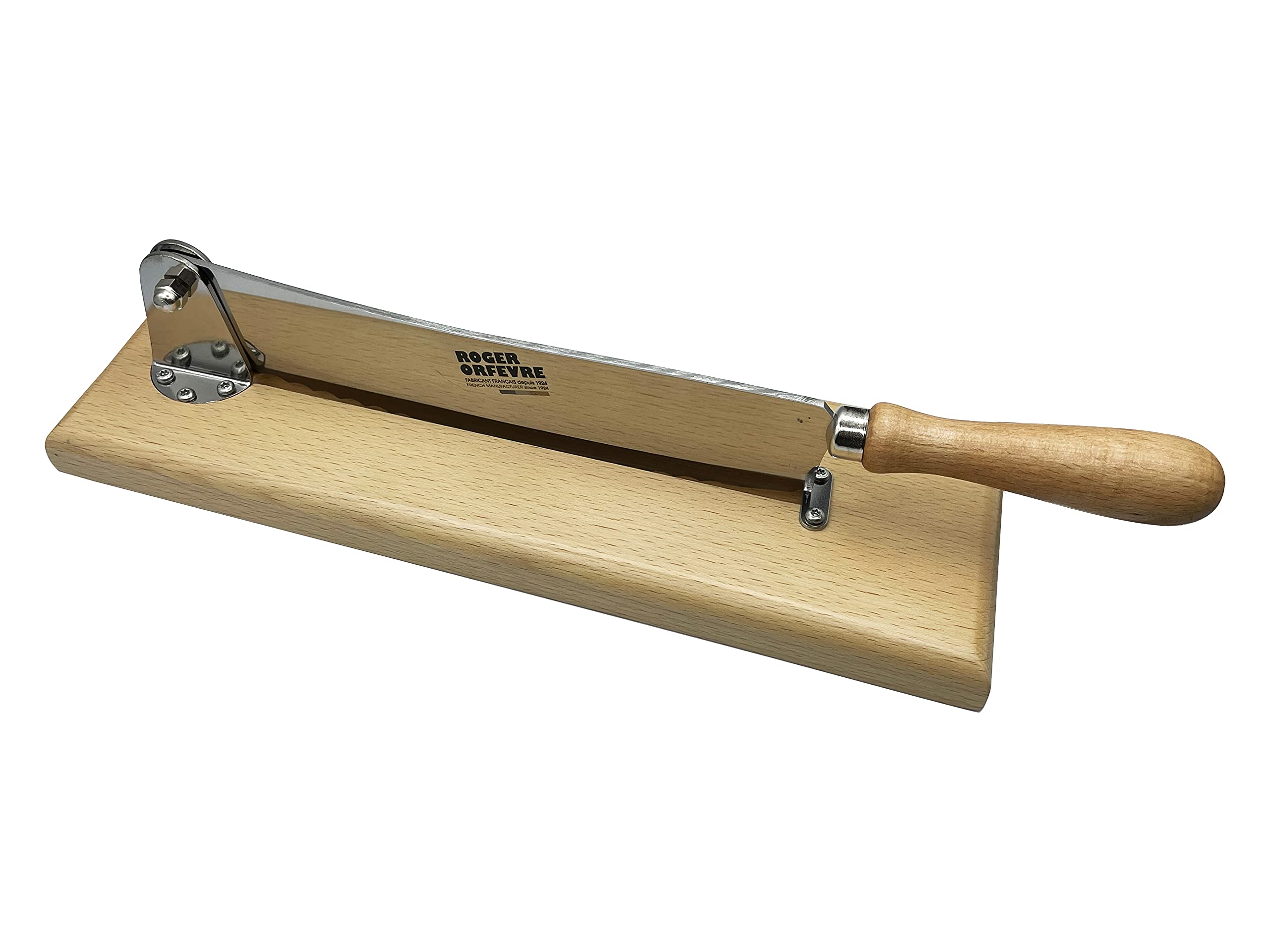 ROGER ORFEVRE Made in France Serrated Edge Sharp Premium Full Tang Stainless Bread Knife / Cutter With Natural Wood Rest And Varnished Beechwood Handle, 9.5-in