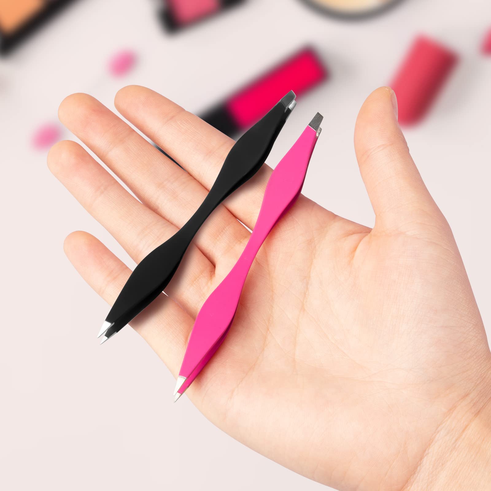 NUOMI 2 Pack Eyebrow Tweezers Double Ends Stainless Steel Tweezers Makeup Tools with Slant/Pointed Tips for Removing Facial Hair, Ingrown Hair, Pink and Black
