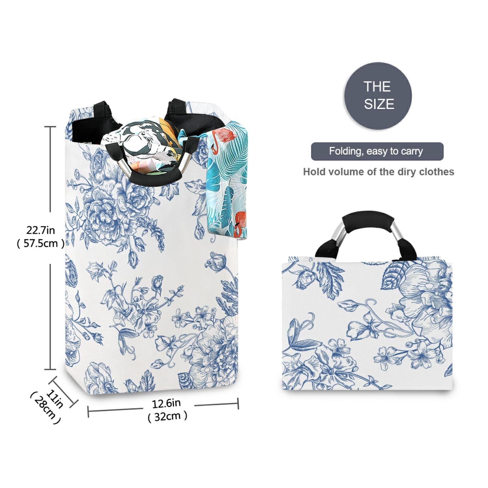 AGONA Blue Flowers Laundry Basket with Handles Large Storage Bin Collapsible Fabric Laundry Hamper Foldable Laundry Bag for Dirty Clothes Toy Bins Gift Baskets Bedroom Baby Nursery