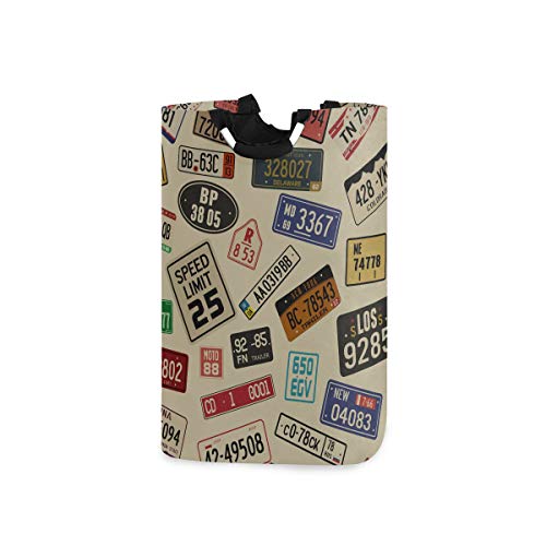 AUUXVA Laundry Hamper, Vintage Car Number Plates Laundry Basket Washing Clothes Hamper Collapsible Storage Bin Foldable Shopping Bag Toy Book Holder