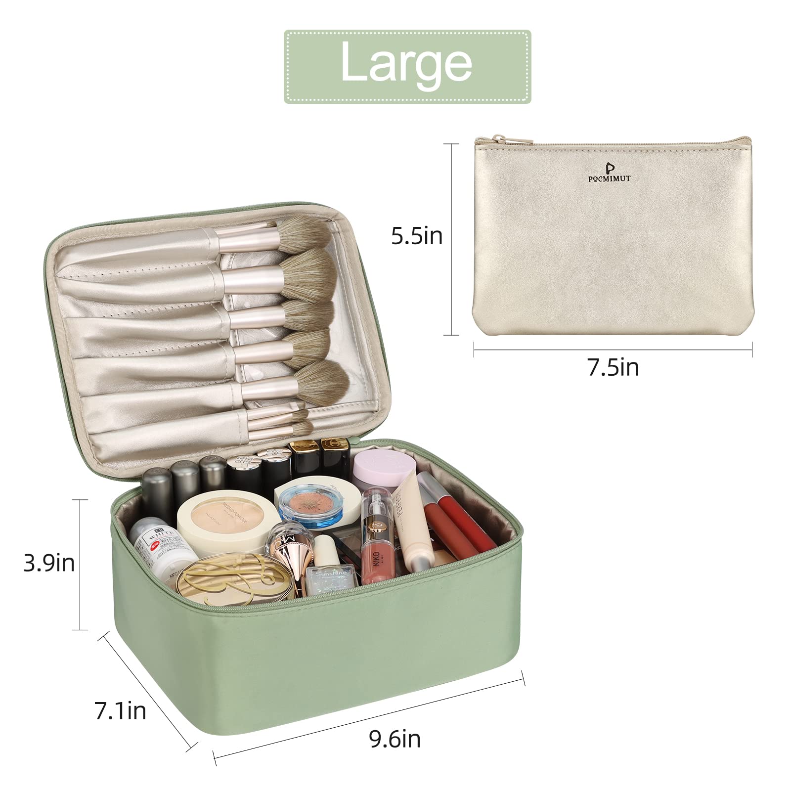 Pocmimut Makeup Bag,Cosmetic Bag for Women Travel Make Up Bag with Brush Compartment for Women(Green)