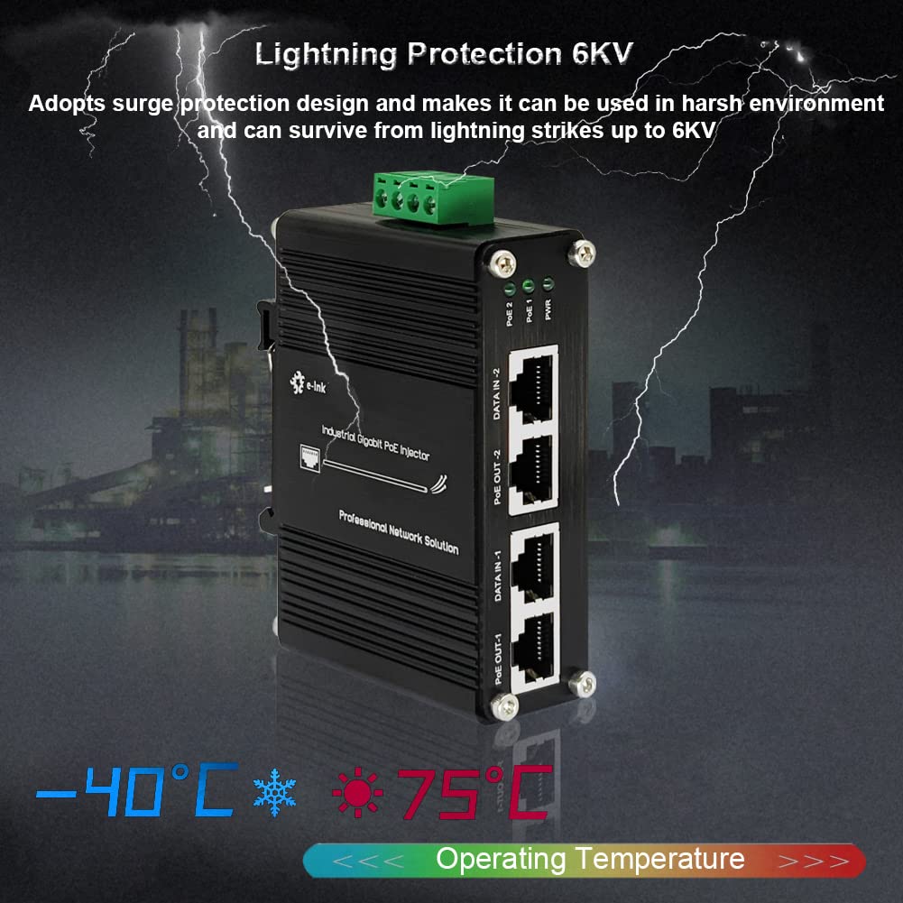 Industrial 2 Ports PoE Injector, Hardened Gigabit 30W PoE+ Injector IEEE802.3 at POE Adapter POE Midspan Max 60W Single Port Power Over Ethernet with 12-48V DC Input DIN Rail Mount
