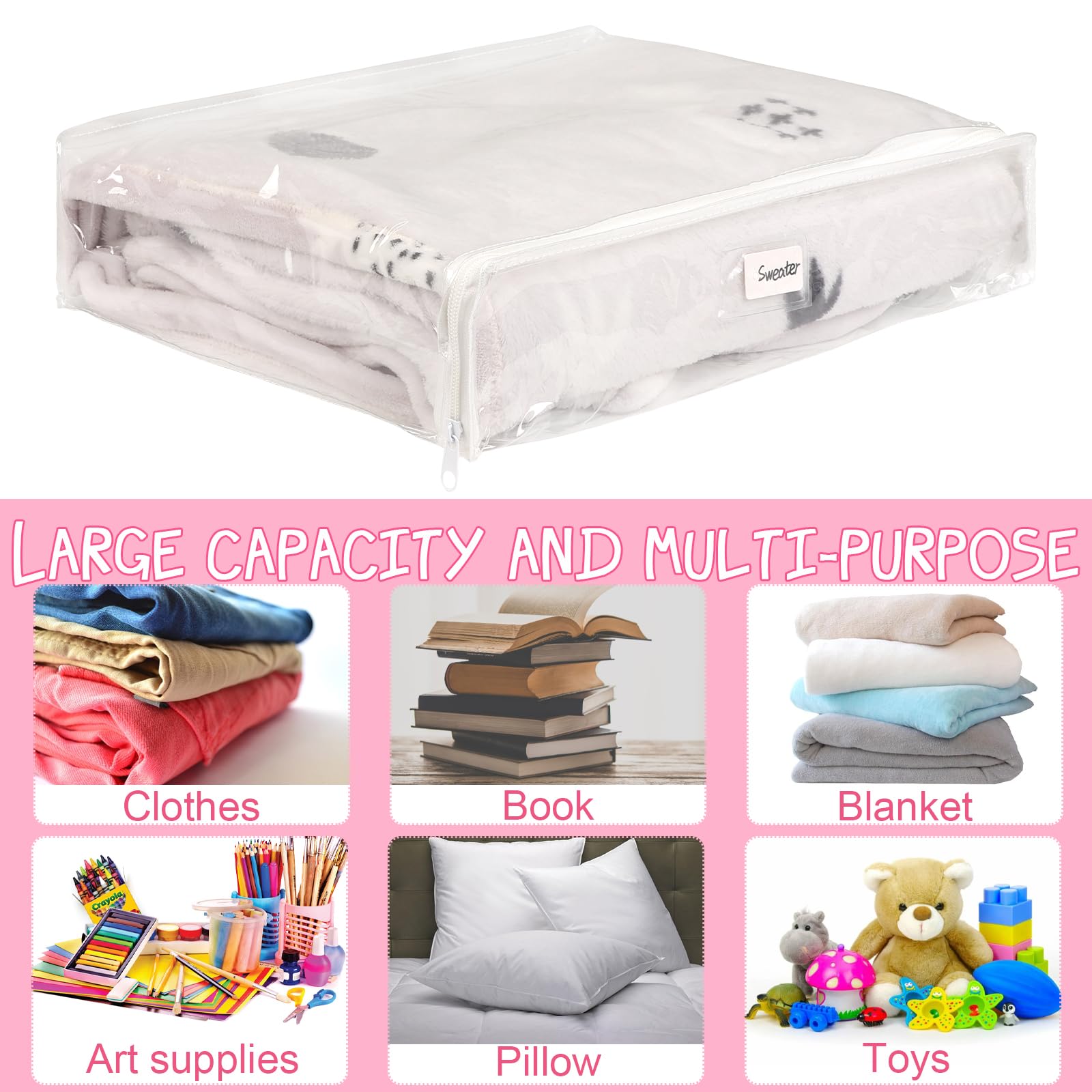 16 Pcs Clear Vinyl Storage Bags with Zipper, Sweater Plastic Storage Bags,Blankets Storage Bags,14 x 11x 3 Inch, Waterproof Organizer for Clothes, Bed Sheet, Throws Pillows, Multi-Purpose