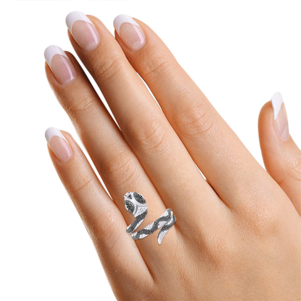 14k White Gold Over Sterling Silver Black Natural Diamond Accent Snake Ring For Women Ring Size-7 (0.01 Carat, Color - Black, Clarity I2-I3)