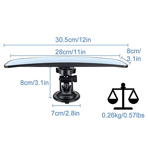 12'' Large Anti Glare Rear View Mirror with Suction Cup, Stick on Universal Frameless Inside Rearview Blue Mirror with Panoramic Wide Angle Mounted on Windshield for Car Marine Auto Boat Truck SUV Van