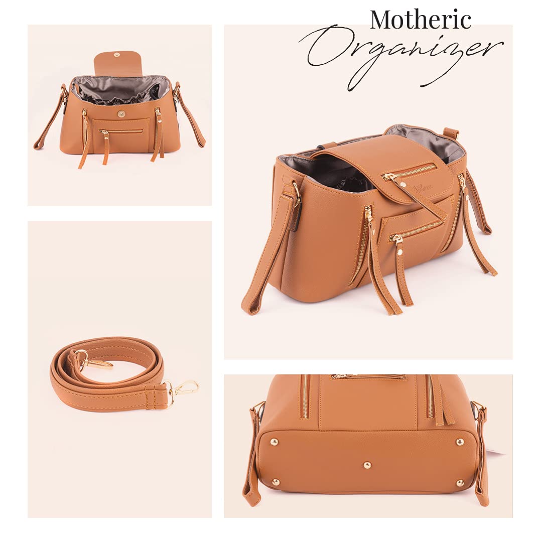 motheric Brown Leather Universal Stroller Organizer Shoulder bag with insulated cup holder, Shoulder strap - Parent console Caddy with strollercup holder