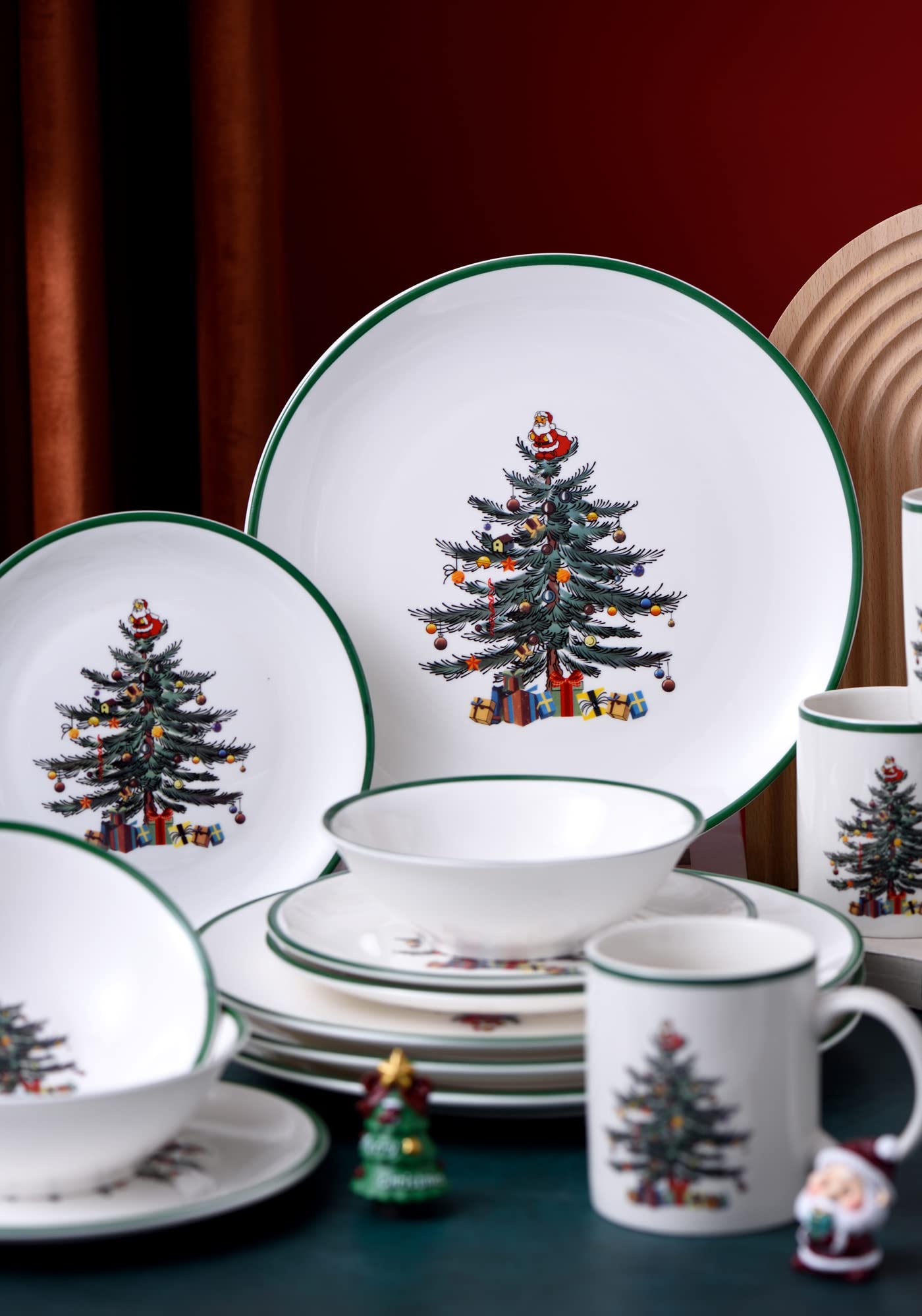 16 Piece Christmas Dishes Dinnerware Sets, Christmas Tree Dinnerware Set with Green Edge, Christmas Porcelain Dinnerware Set for Christmas (4×10.5 Inch Plates, 4×8 Inch Plates, 4×Bowls, 4×Mugs)