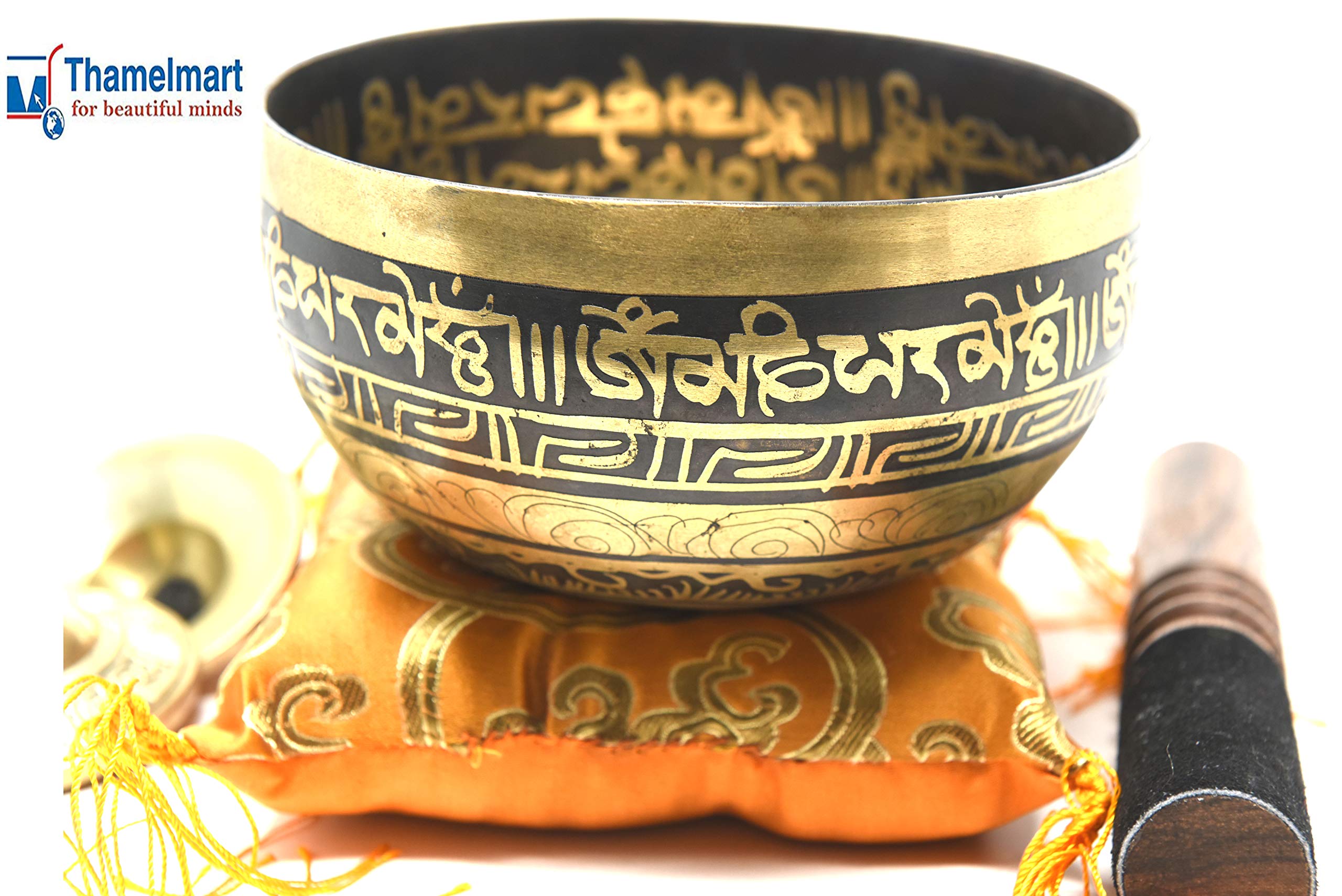 8" Healing Meditation Mantra Carved Singing Bowl, Etching Tibetan Art, Hand Hammered Singing Bowls with Silk Cushion, Gong & Mallet Striker