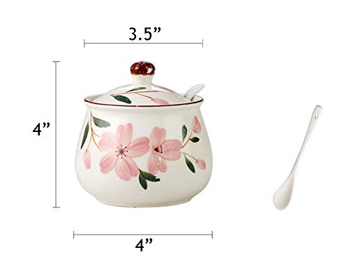 Ceramic Japanese Hand Painted Flower Sugar Bowl Seasoning Jar with Lid Spoon