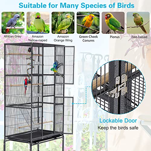 70ββ Big Bird Cage Wrought Iron Large Bird Cage with Rolling Stand for Parrots Conures Lovebird Cockatiel Parakeets, Black
