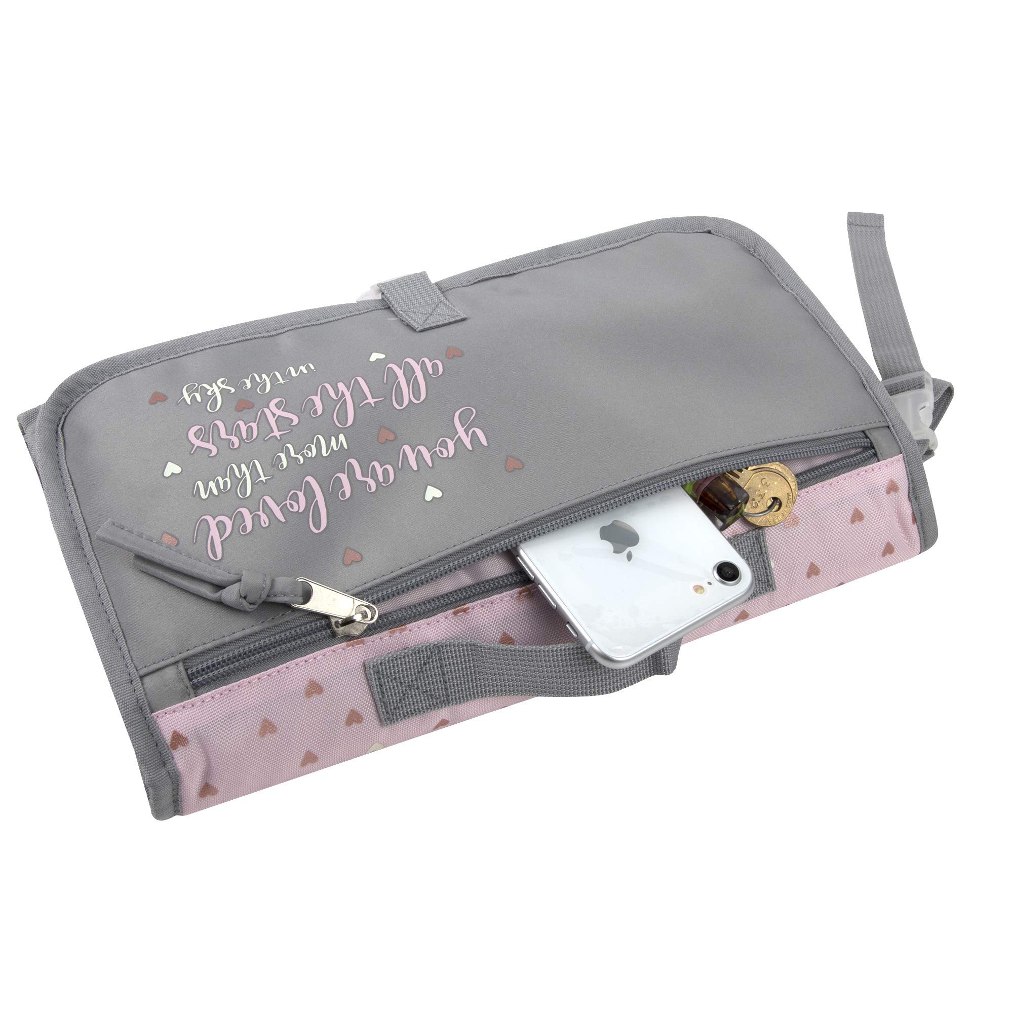 Portable Diaper Changing Pad Station Waterproof for Baby Girl, Boy with Padded Head Rest, Wipes Dispenser (Pink Hearts)