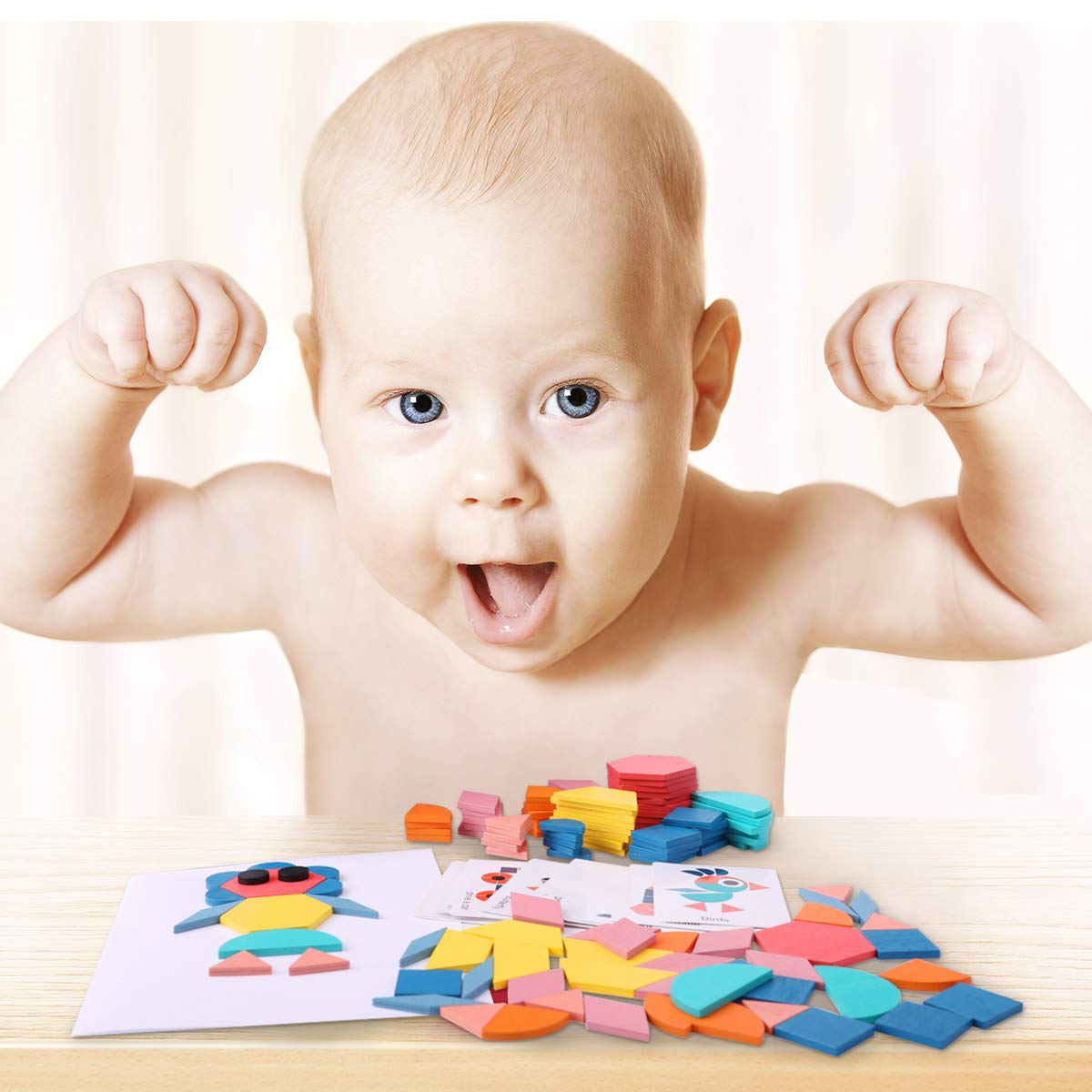 180 Pcs Wooden Pattern Blocks Set Geometric Manipulative Shape Puzzle Kindergarten Classic Educational Montessori Tangram Toys Kids Ages 4-8 Jigsaw Puzzles Gift, 24 Pcs Design Cards
