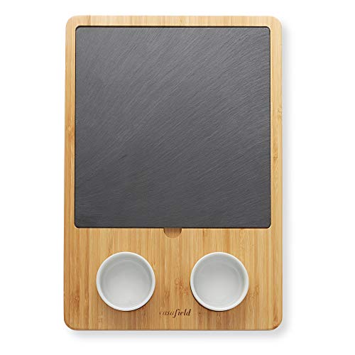 Casafield Organic Bamboo Cheese Board Gift Set - Wooden Charcuterie Platter Serving Tray for Meat, Fruit and Crackers - Slate Board, 2 Ceramic Bowls, 4 Stainless Steel Knives, Slate Labels and Chalk