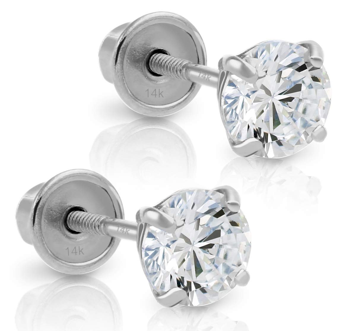 14k White Gold Made with 5mm Cubic Zirconia Solitaire Stud Earrings with Secure Screw-backs, 5mm
