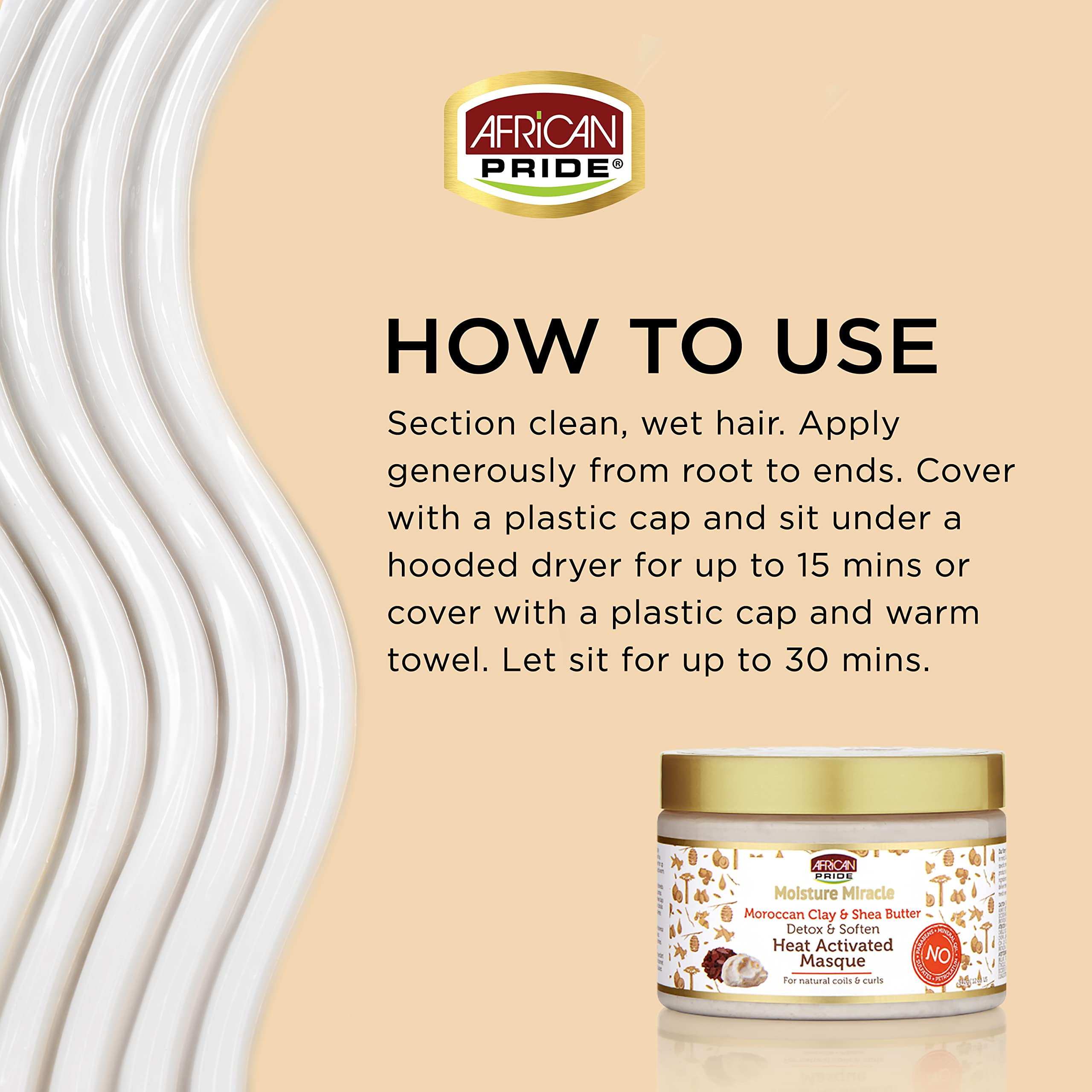 African Pride Moisture Miracle Moroccan Clay & Shea Butter Heat Activated Masque - For Natural Coils & Curls, Detoxes & Softens, Removes Impurities & Product Build-Up from Hair 12 oz