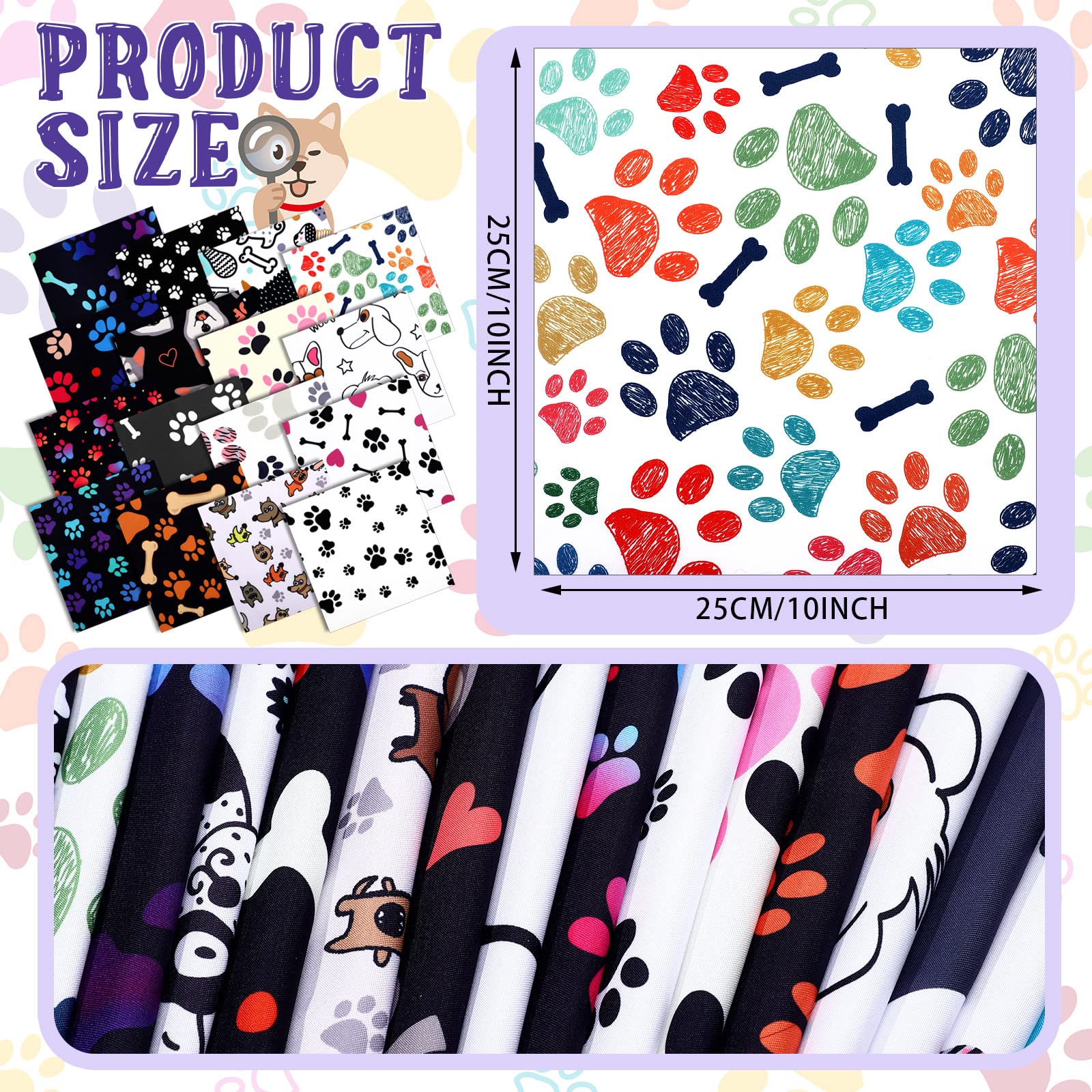 16 Pieces Dog Bone Paws Fabric Paw Print Fabric Retro Fabrics Sewing Fabric Animal Themed Pattern Decorative Fabric Animal Themed Pattern Bone Printed Fabric for DIY Crafts Supplies, 10 x 10 Inch