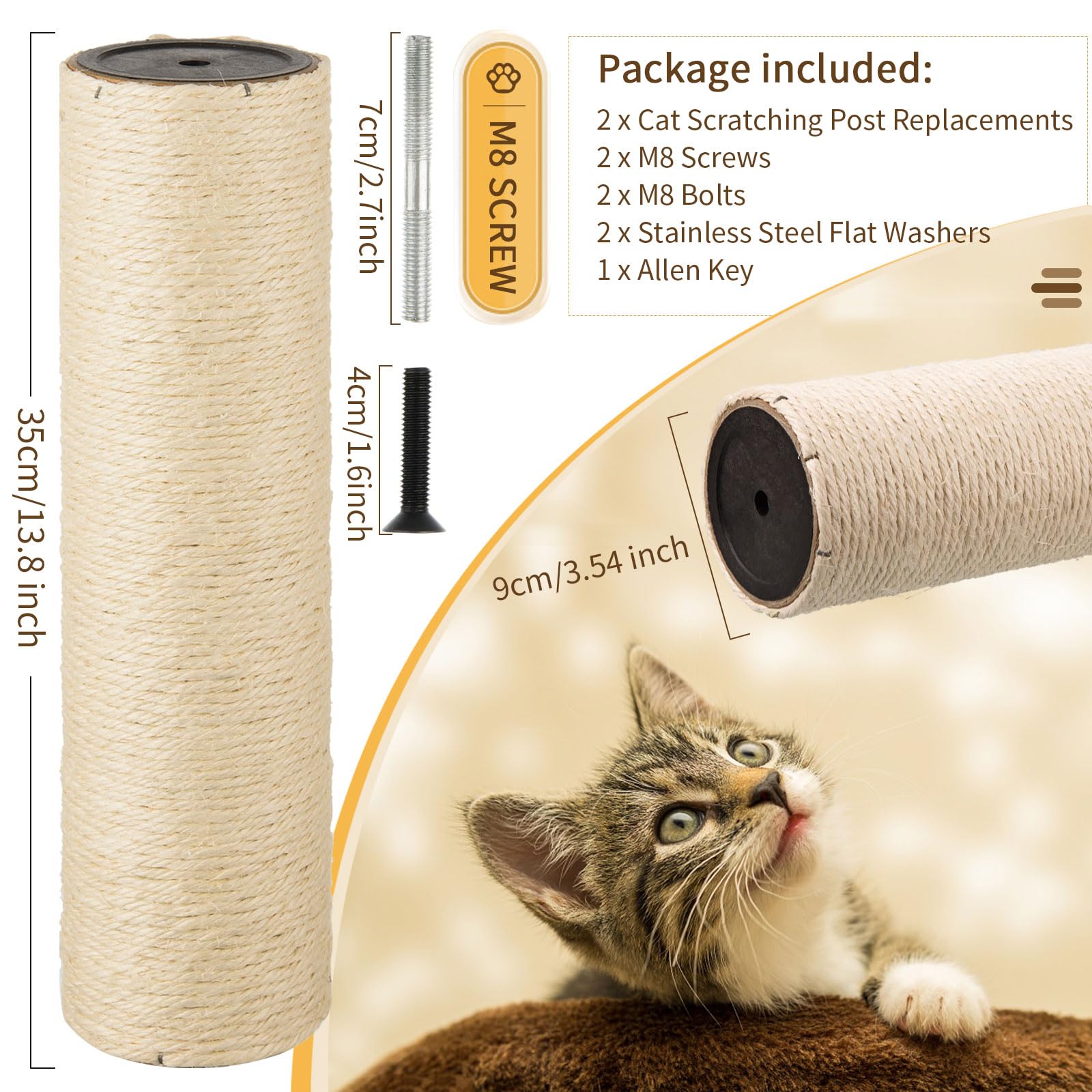 2 Root Cat Scratching Post Replacement 17.72x3.54 Cat Tree Scratch Post Replacement Natural Sisal Pole Cat Scratch Post Refill Pole Part with M8 Screws for Kitten Tree Tower Cat Furniture Accessories