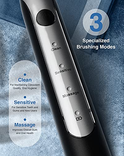 Dnsly Ultrasonic Toothbrush Electric Sonic Toothbrush for Adults and Kids, 3 Modes Rechargeable Whitening Electric Toothbrush, 2 Minutes Smart Timer, 2 Hour Charge for 30 Days Use, Black 710