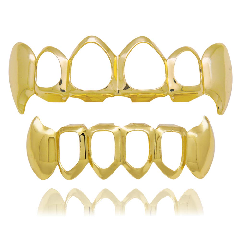 18K Gold Plated Grillz Fangs 6 Open Face Silver Plated Top & Bottom Set