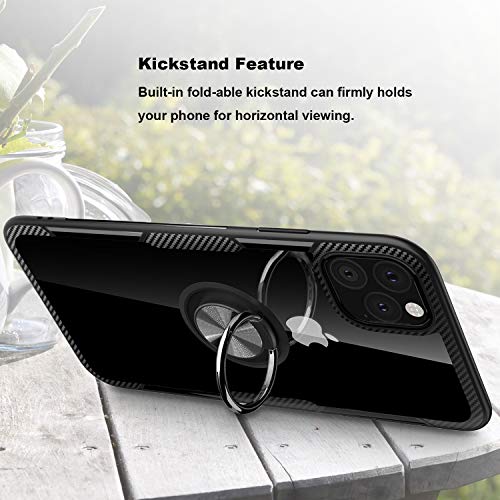 Designed for iPhone 11 Pro Max Case 6.5 inch, Carbon Fiber Design Clear Crystal Anti-Scratch Case with 360 Degree Rotation Ring Kickstand(Work with Magnetic Car Mount) for iPhone 11 Pro Max,Black