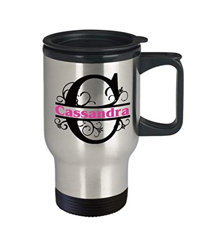 Cassandra Travel Mug Coffee Cup Gift Custom Personalized Name Letter C Monogram Insulated Commuter