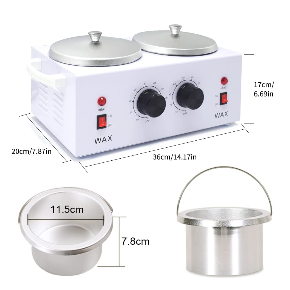 Double Wax Warmer Kit, Professional Dual Waxing Pot with 4 Pack Wax Beans 100pc Wooden Sticks,110V Electric Heater Machine for Hair Removal Home/Salon/SPA Adjustable Temperature