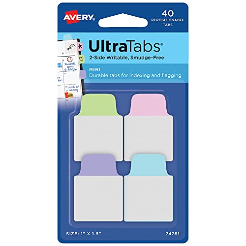 Avery Mini Ultra Tabs, 1" x 1.5", 2-Side Writable, Pastel Purple/Blue/Pink, 40 Repositionable Tabs (74761)